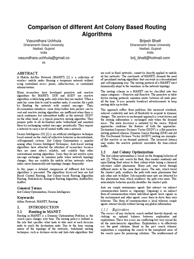Comparison of Different Ant Colony Based Routing Algorithms: Vasundhara Uchhula Brijesh Bhatt ...