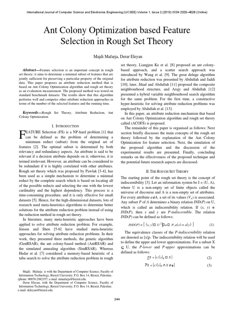 Ant Colony Optimization Based Feature Selection In Rough Set Theory Pdf Metaheuristic