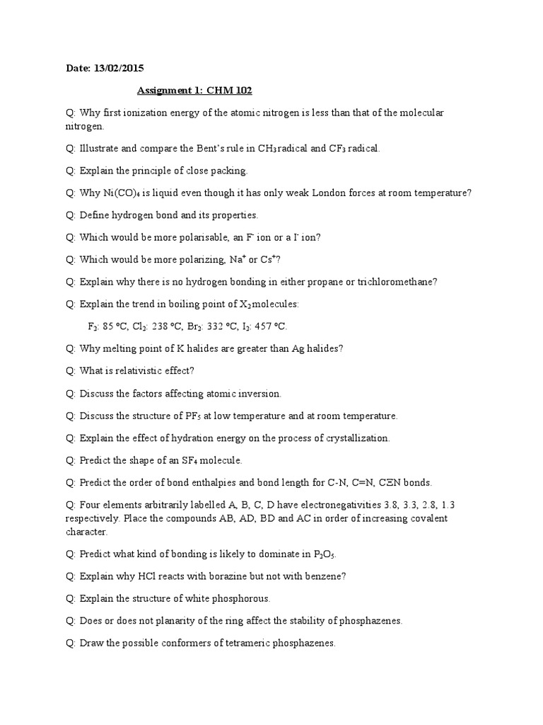 Assignment 1 CHM 102 | Download Free PDF | Chemical Bond | Properties Of Water