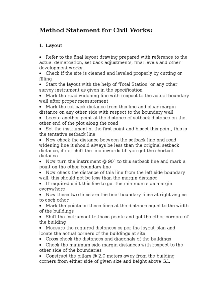 Method Statement For Civil Works | Download Free PDF | Masonry | Concrete