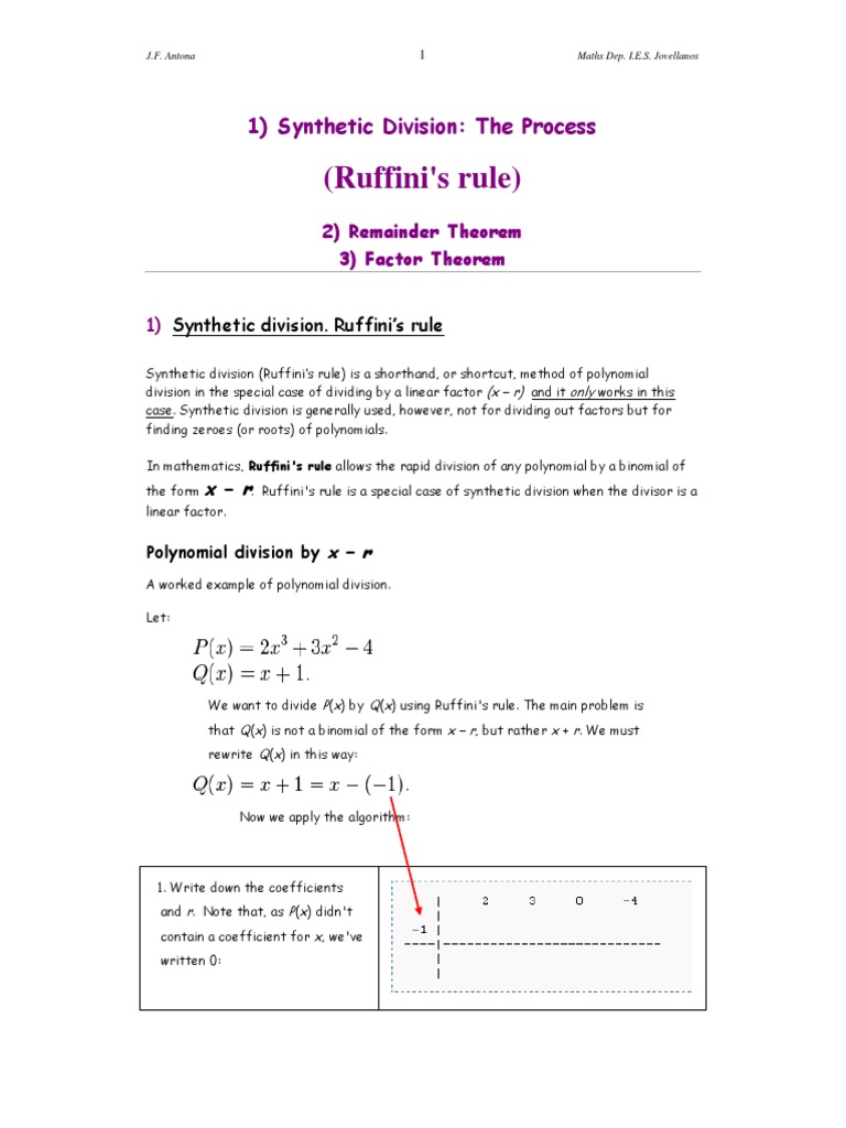 (Ruffini's Rule) : 1) Synthetic Division: The Process | PDF | Algorithms | Mathematical Objects