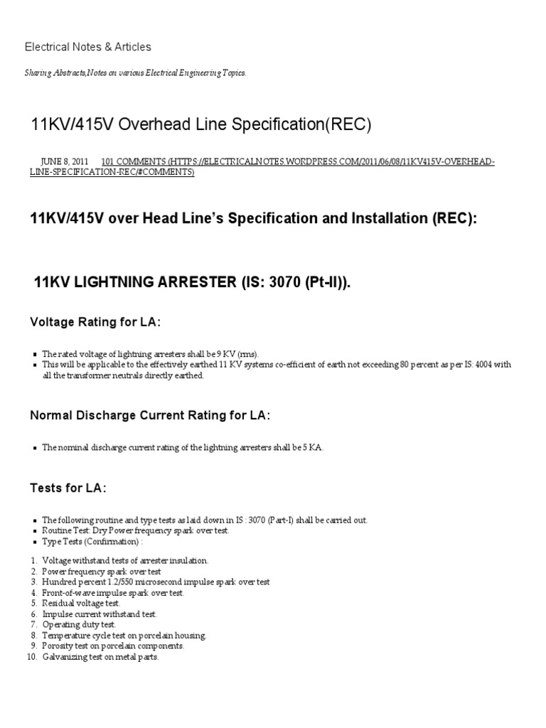 11KV - 415V Overhead Line Specification (REC) - Electrical Notes ...