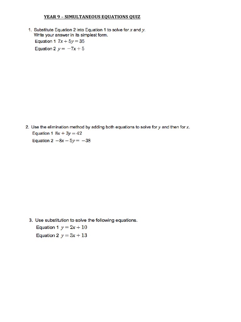 Year 9 - Simultaneous Equations Quiz