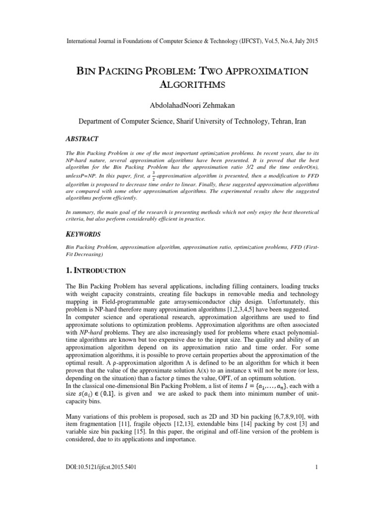 Bin Packing Problem Two Approximation Algorithms Pdf Computer Science Discrete Mathematics 9186