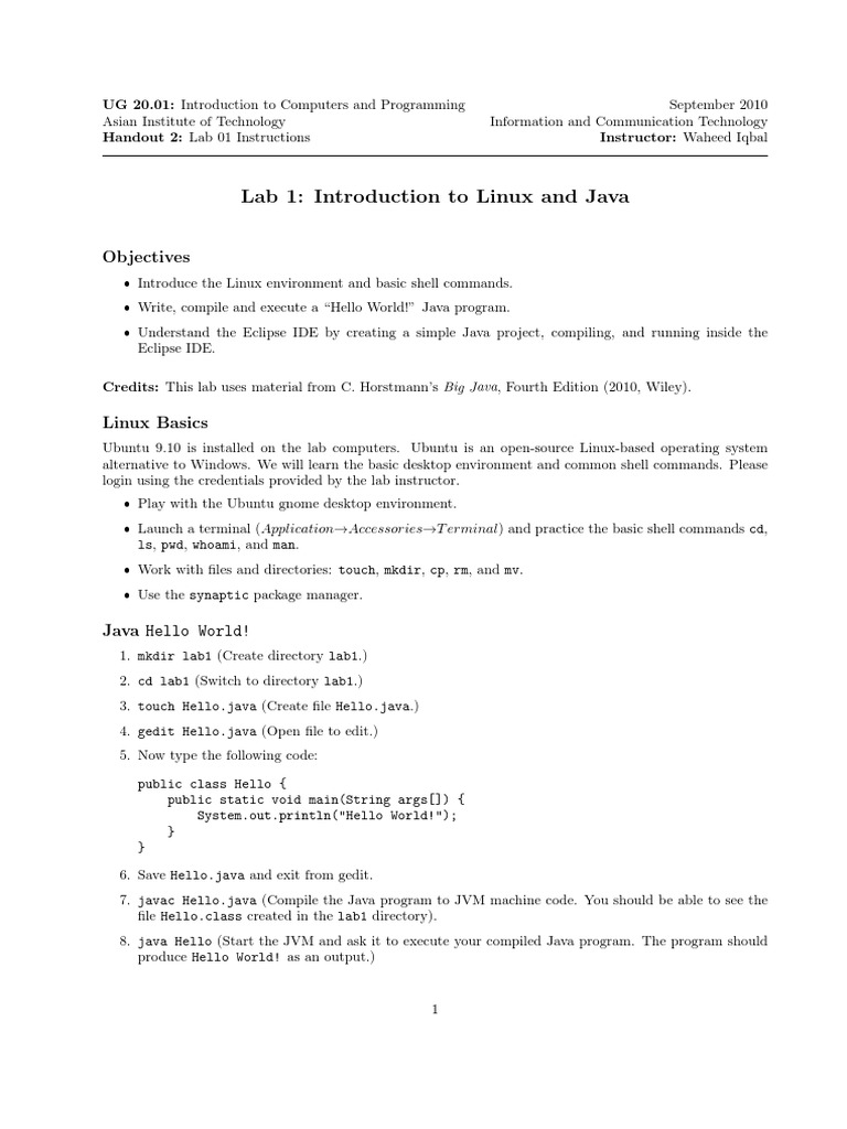 Lab 1: Introduction To Linux and Java: Objectives | PDF | Eclipse (Software) | Java (Programming ...