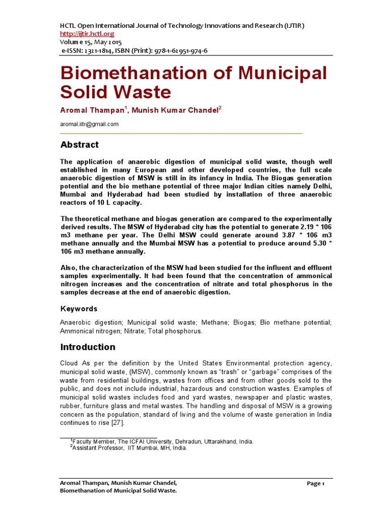 Biomethanation of Municipal Solid Waste | PDF | Anaerobic Digestion ...