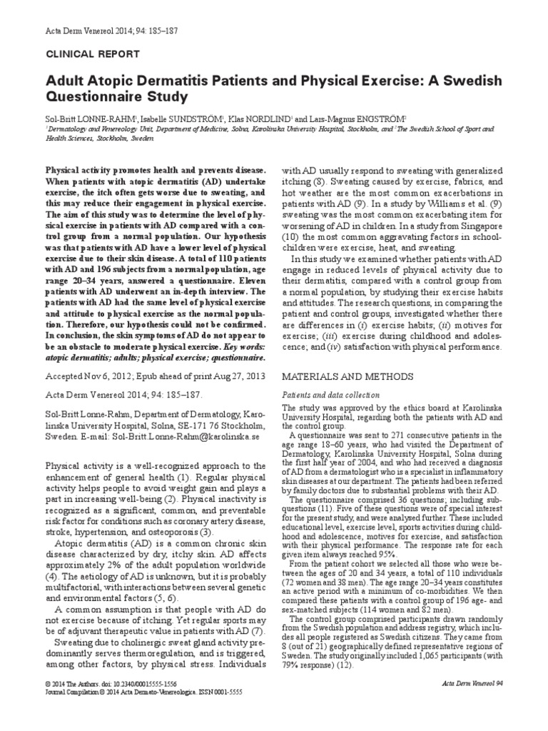 Adult Atopic Dermatitis Patients and Physical Exercise: A Swedish ...