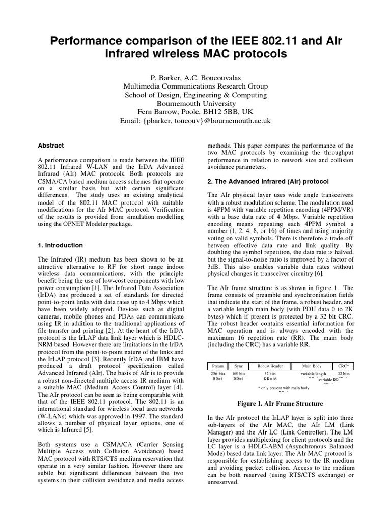 Performance Comparison of The Ieee 802.11 and Air Infrared Wireless Mac ...