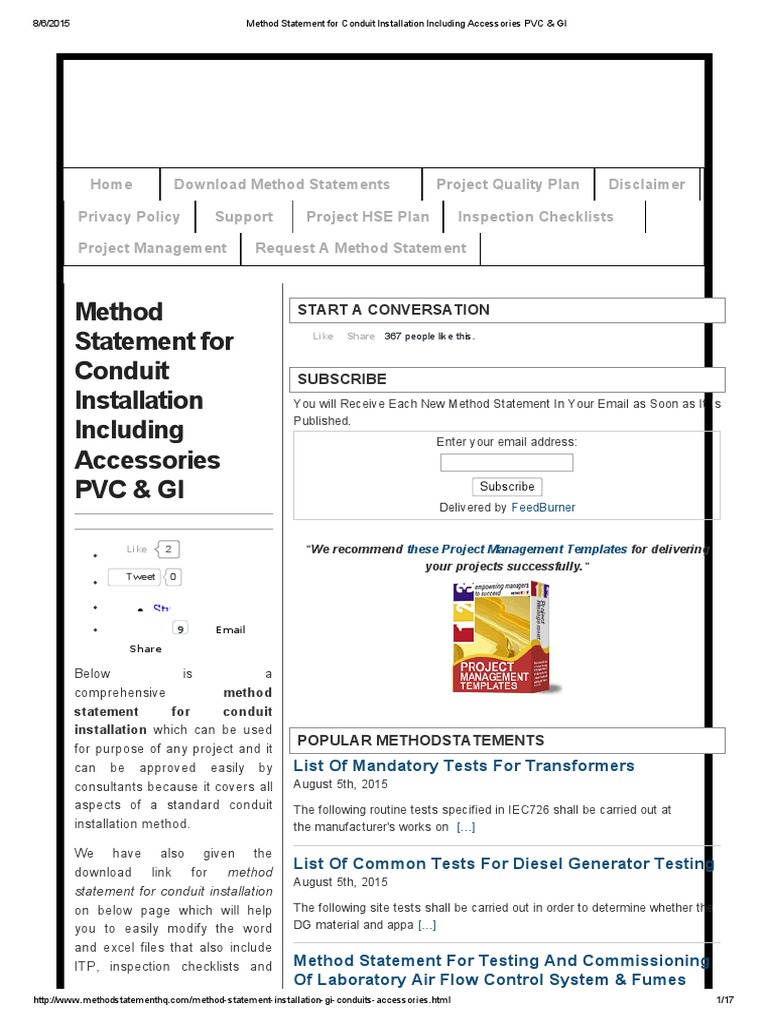 Method Statement For Conduit Installation Including Accessories PVC & GI | PDF | Specification ...