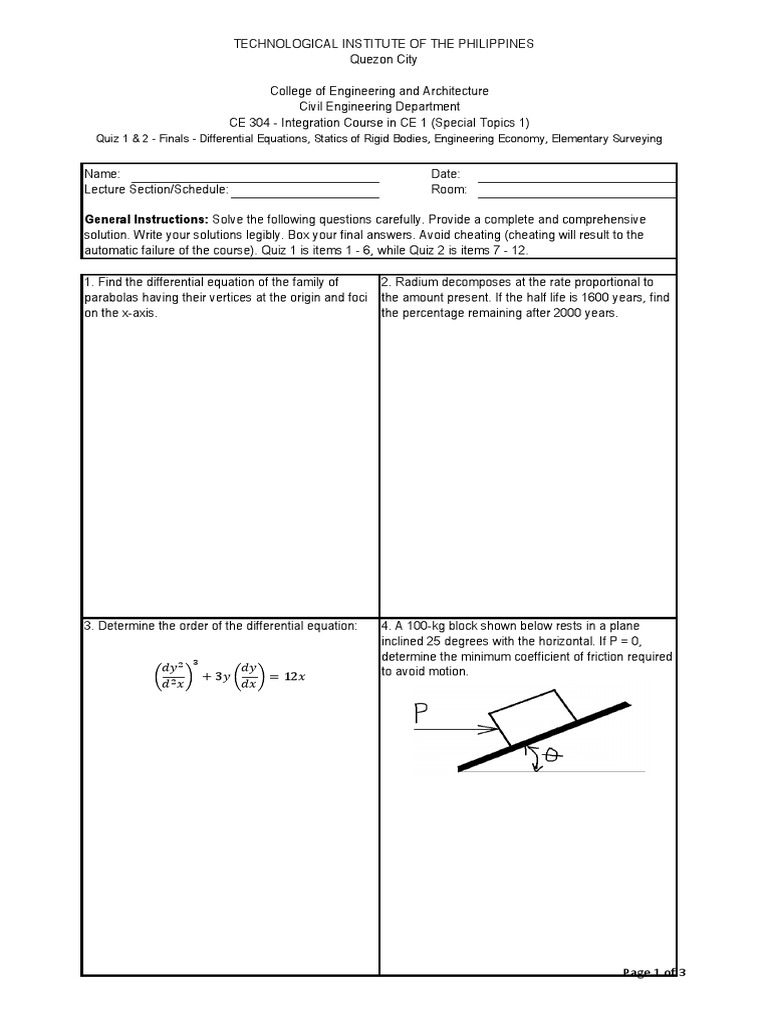 CE304 - Final Quiz 1 and 2 | Download Free PDF | Surveying | Equations