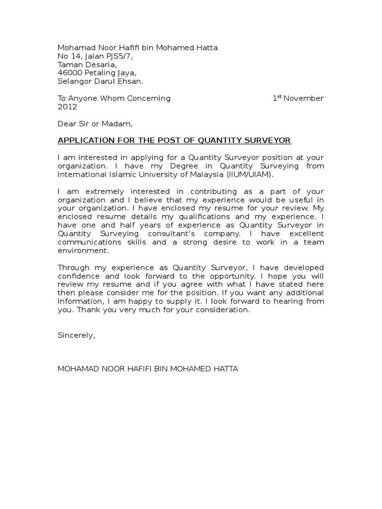 Application For The Post of Quantity Surveyor | PDF | Surveying | Business