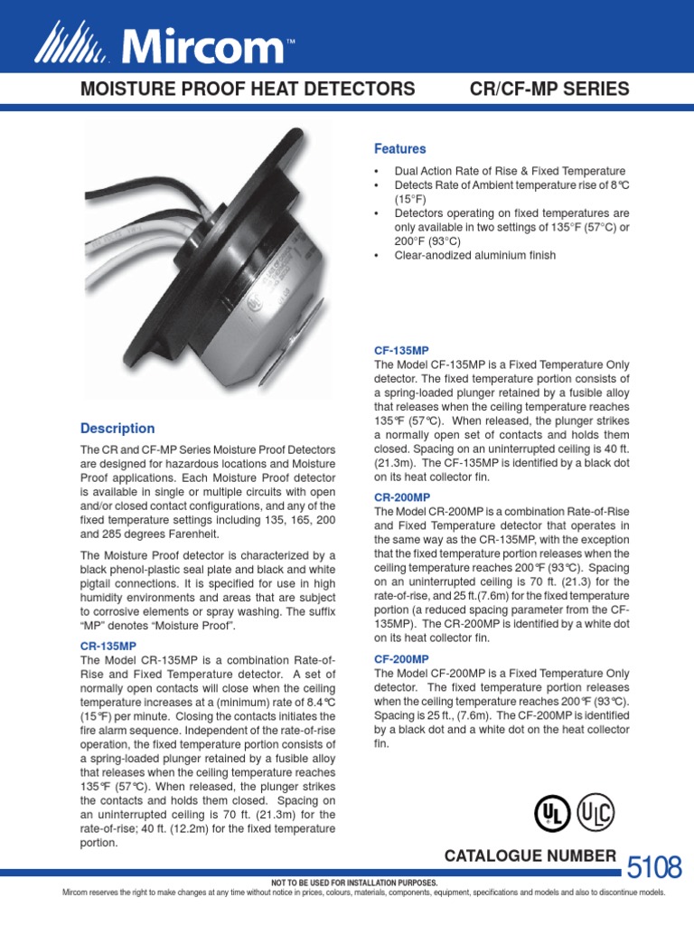 Mircom CR135MP Data Sheet | PDF | Temperature | Switch