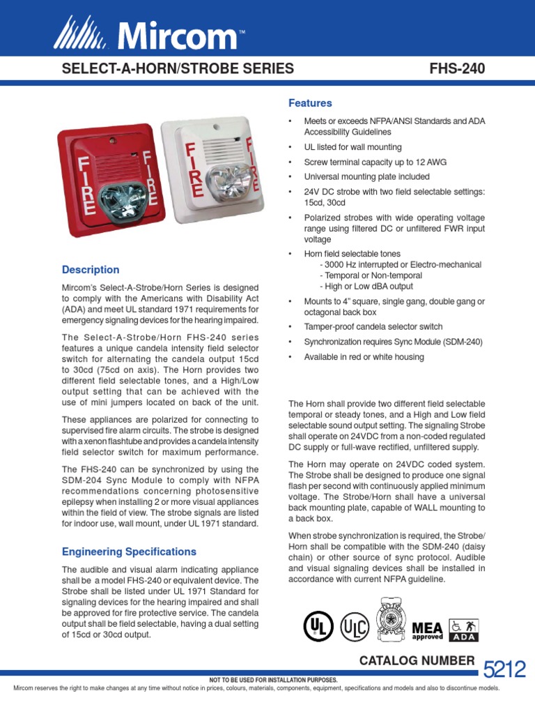 Mircom FHS240W Data Sheet | PDF | Amplifier | Equipment