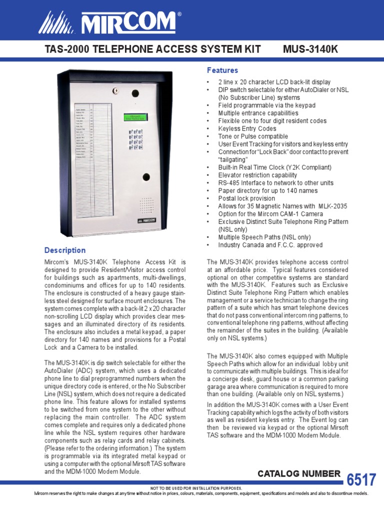 Mircom MUS3140K Data Sheet | PDF | Telephone | Relay