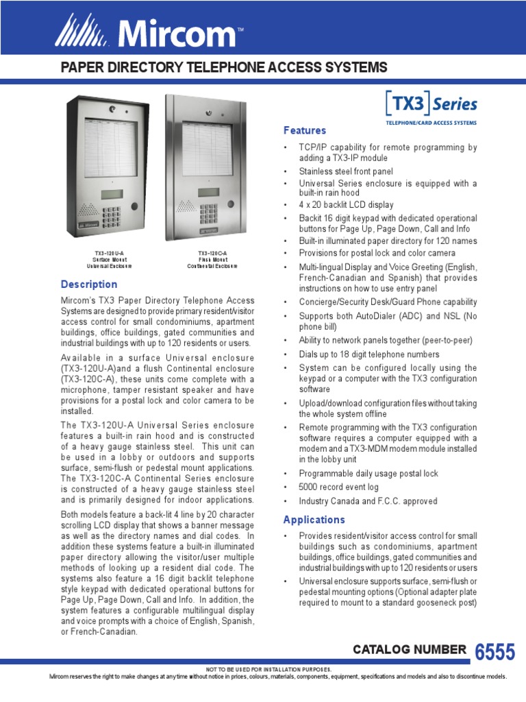 Mircom TX3-120U-A Data Sheet | Telephone | Modem