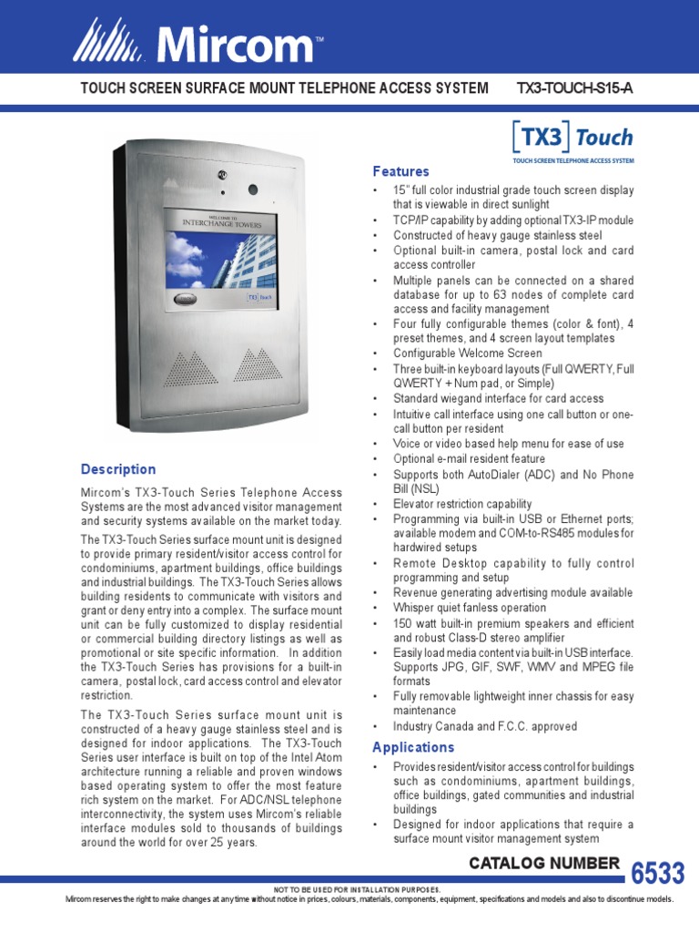 Mircom TX3-TOUCH-S15-A Data Sheet | PDF | Embedded System | Access Control