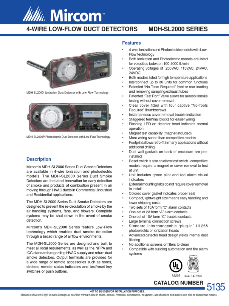 Mircom MDHSL2000P Data Sheet | PDF | Duct (Flow) | Equipment