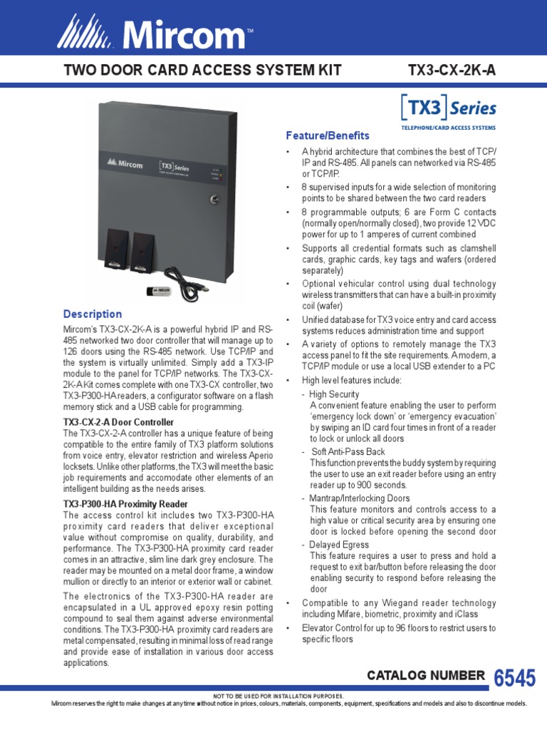 Mircom TX3-CX-2K-A Data Sheet | PDF | Access Control | Elevator