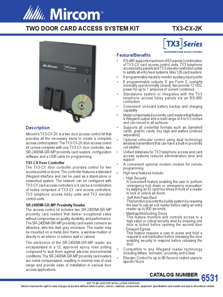 Mircom TX3-CX-2K Data Sheet | Access Control | Elevator