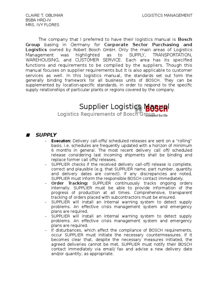 Supplier Logistics Manual: Logistics Requirements of Bosch Group ...
