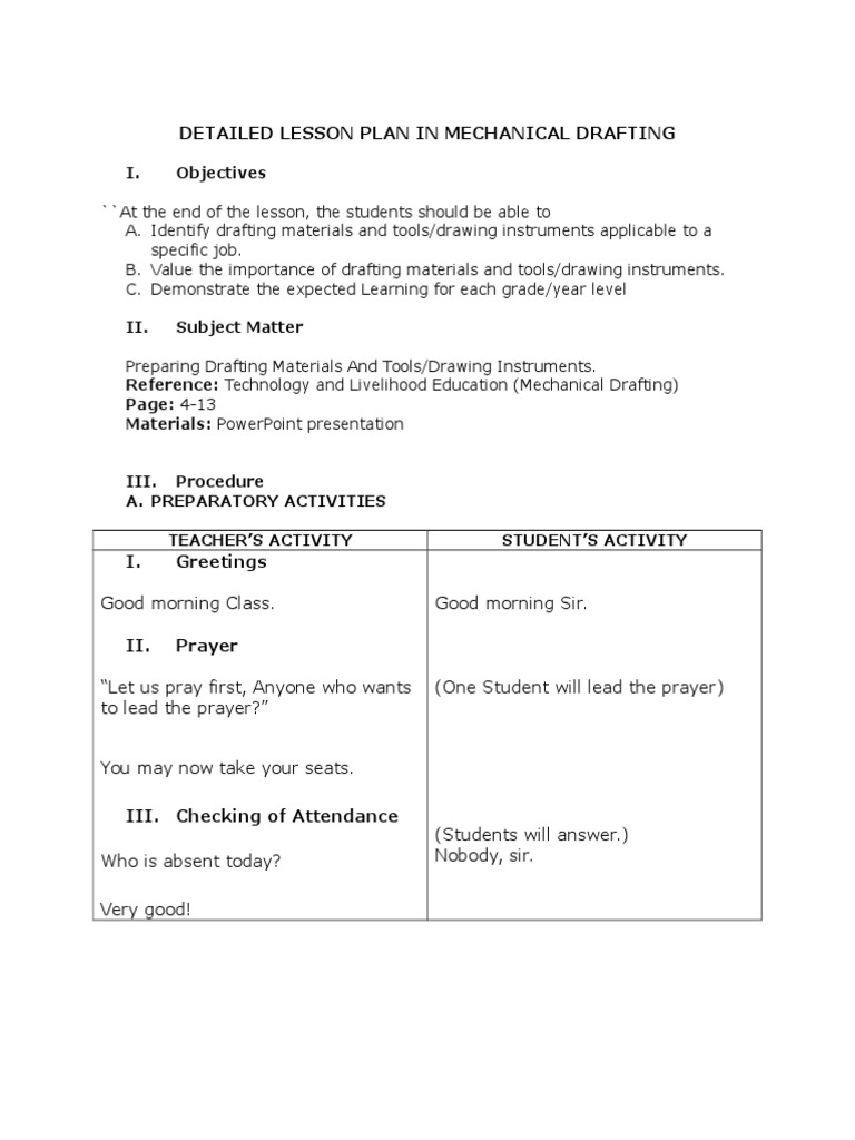 Detailed Lesson Plan in Mechanical Drafting: I. Objectives | PDF ...