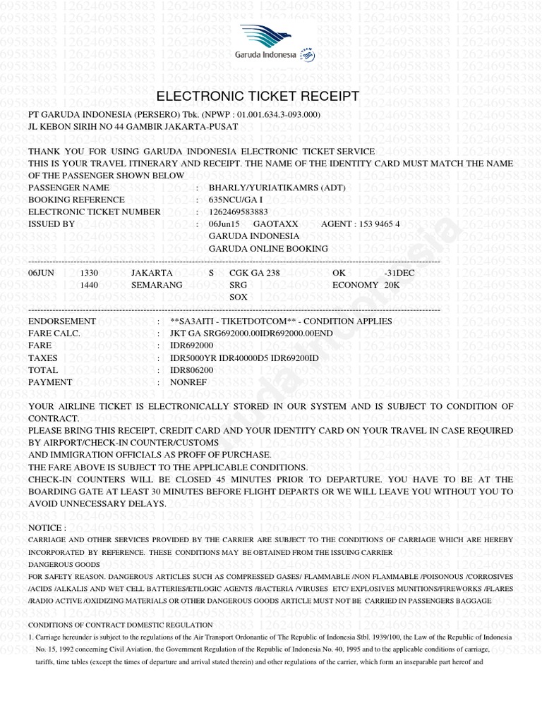 Garuda Indonesia: Electronic Ticket Receipt | PDF | Business