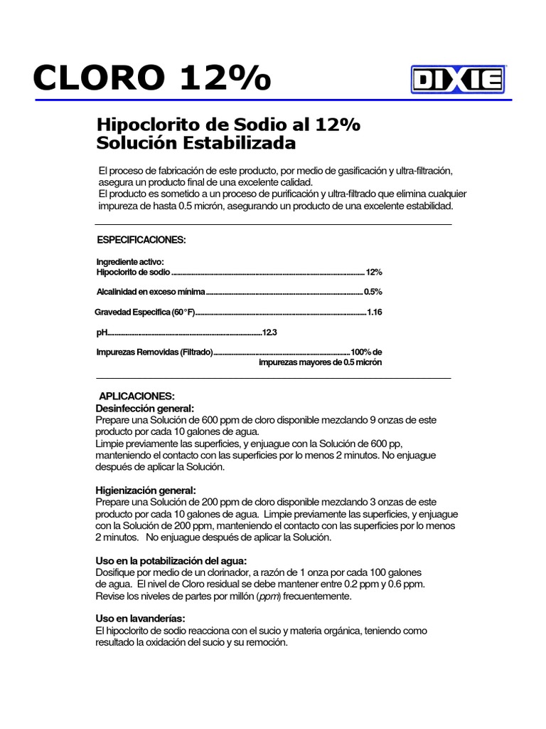 Cloro 12% | PDF | Agua | Sustancias químicas