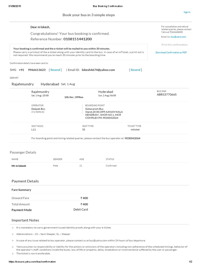 Bus Booking Confirmation | PDF | Bus | Service Industries