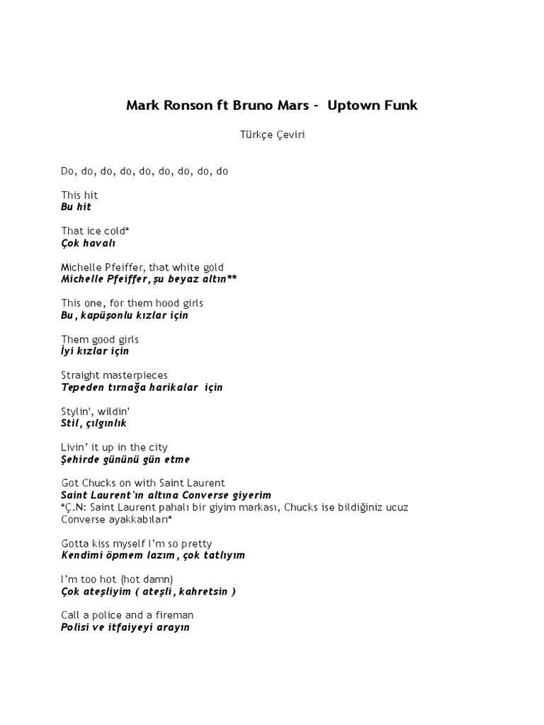Bruno Mars Uptown Funk Türkçe Çeviri | PDF