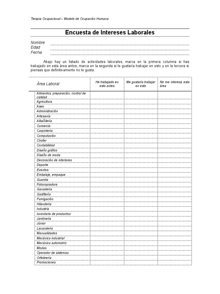 Encuesta de Intereses Ocupacionales | PDF | Terapia ocupacional ...