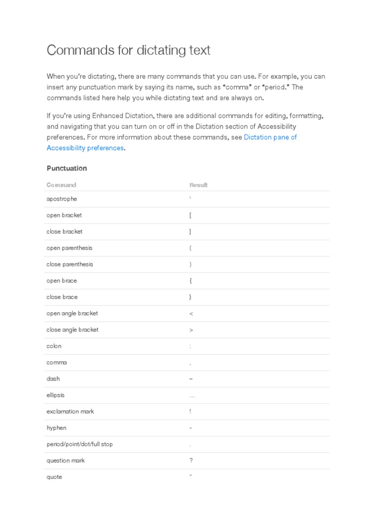 Commands For Dictating Text: Dictation Pane of Accessibility ...