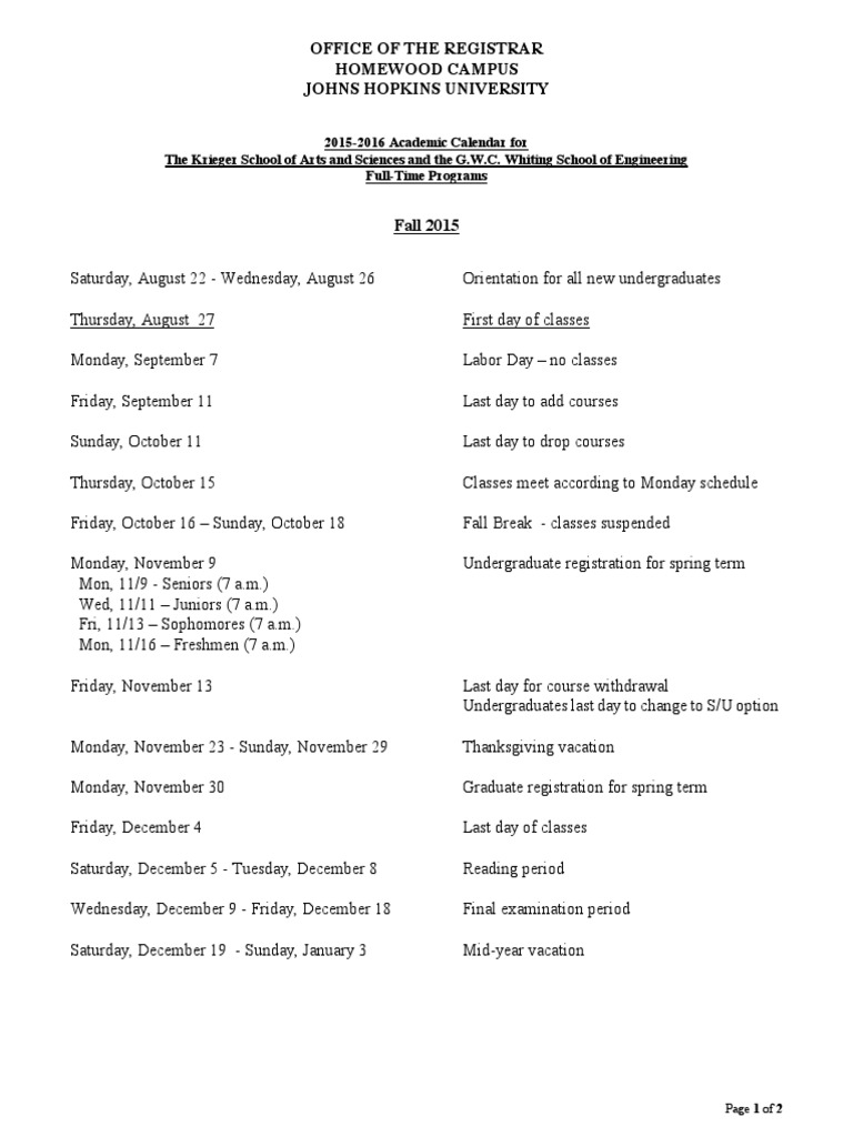 JHU 2015-2016 Academic Calendar | PDF