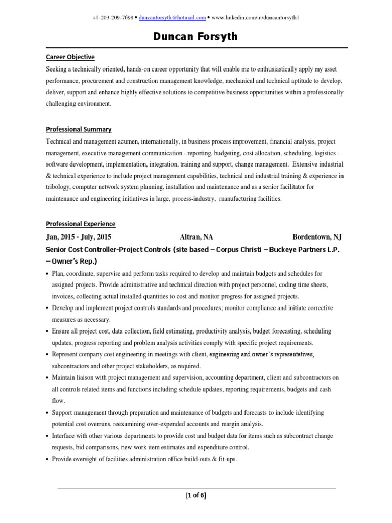 Project Controls Manager in New York City Metro Resume Duncan Forsyth ...