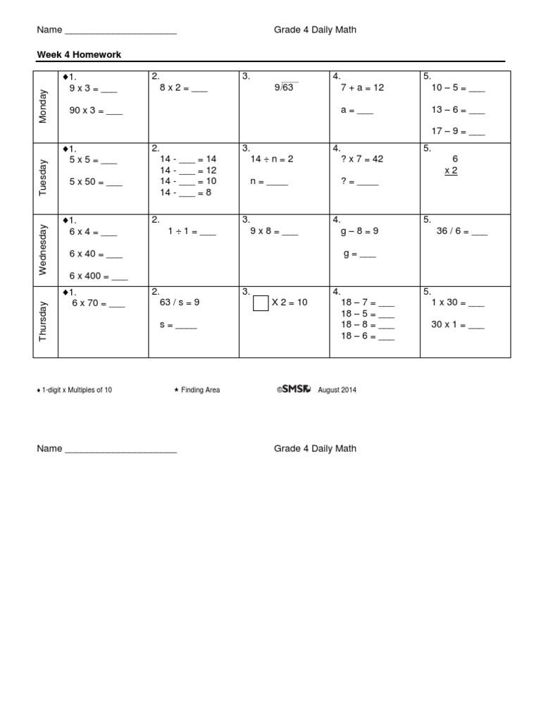 Daily Math 2014-15 Grade 4 Week 04 HW | PDF