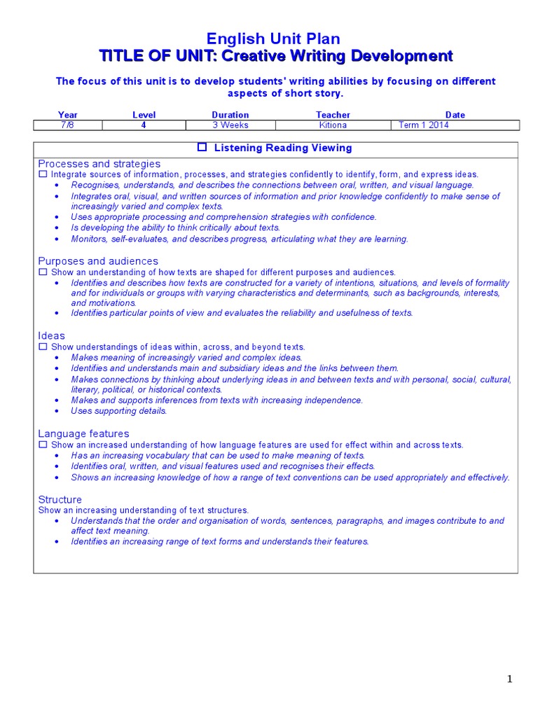 Creative Writing Unit Plan for Grades 7-8 | PDF | Psychological ...