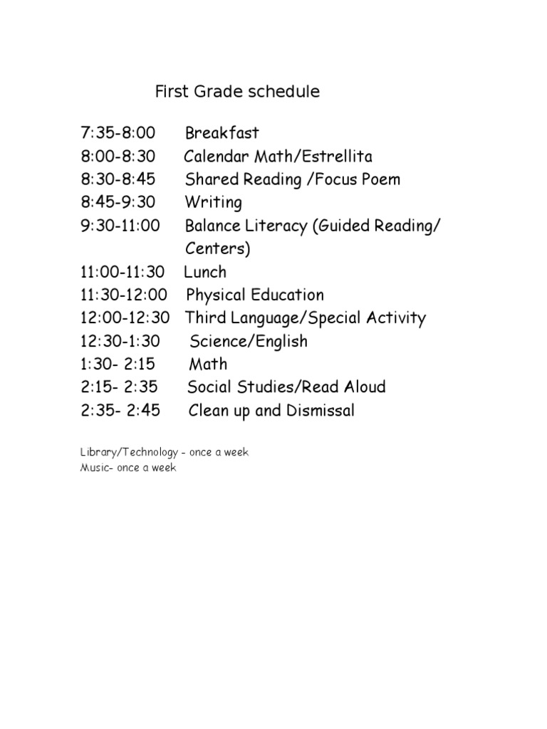 First Grade Daily Schedule | PDF | Language Arts & Discipline | Foreign ...