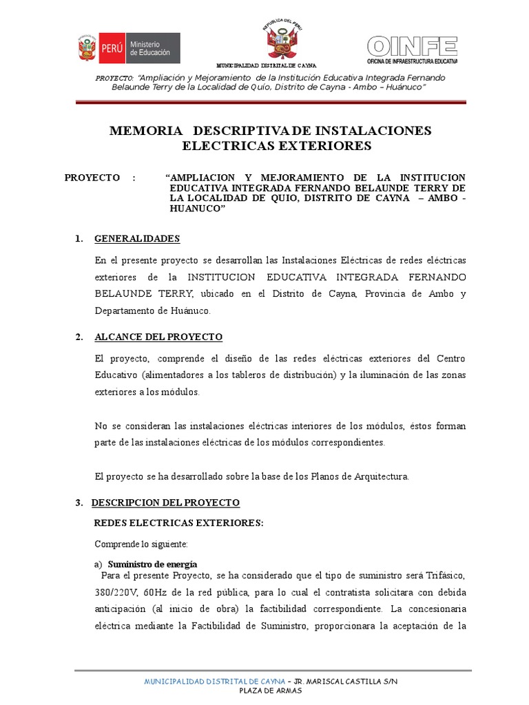 Memoria Descriptiva. Instalaciones Eléctricas. | Corriente eléctrica | Resistencia Eléctrica y ...