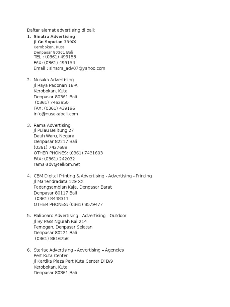 Advertising Addresses in Bali | PDF