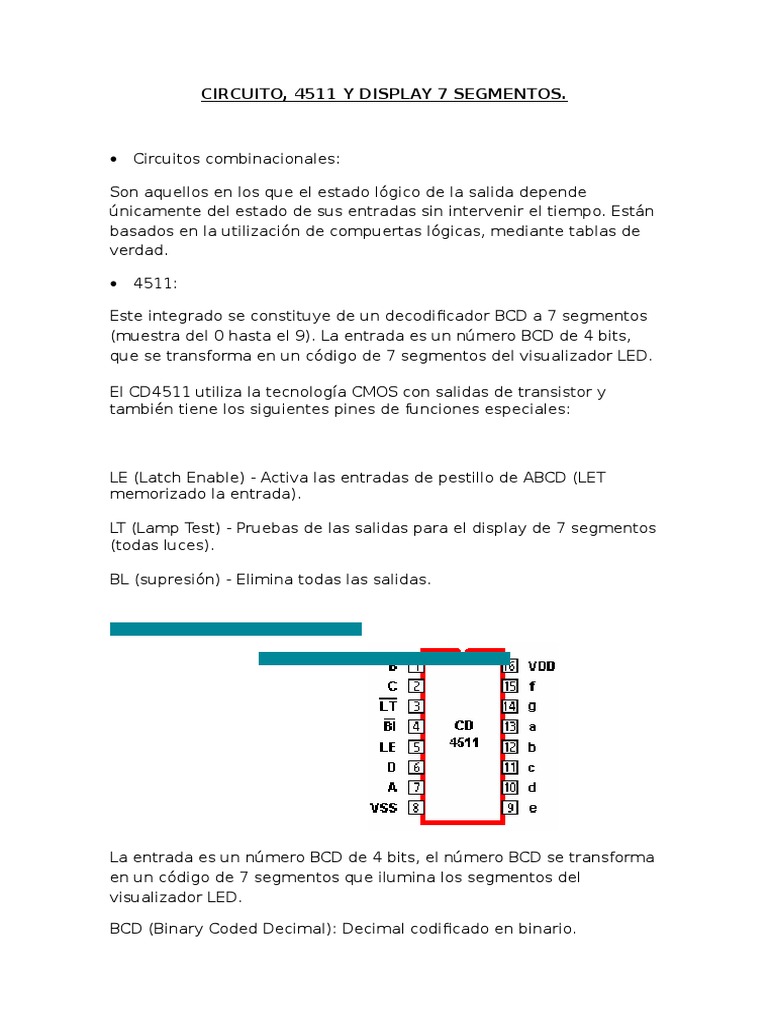 Decodificador CD4511 y Display 7 Segmentos | PDF | Decimal codificado ...