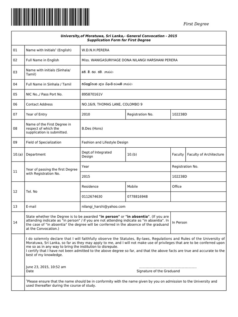 First Degree: University, of Moratuwa, Sri Lanka,-General Convocation ...