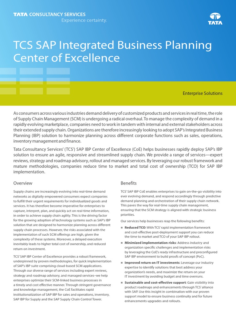 Tcs Sap Ibp CoE | Supply Chain Management | Supply Chain