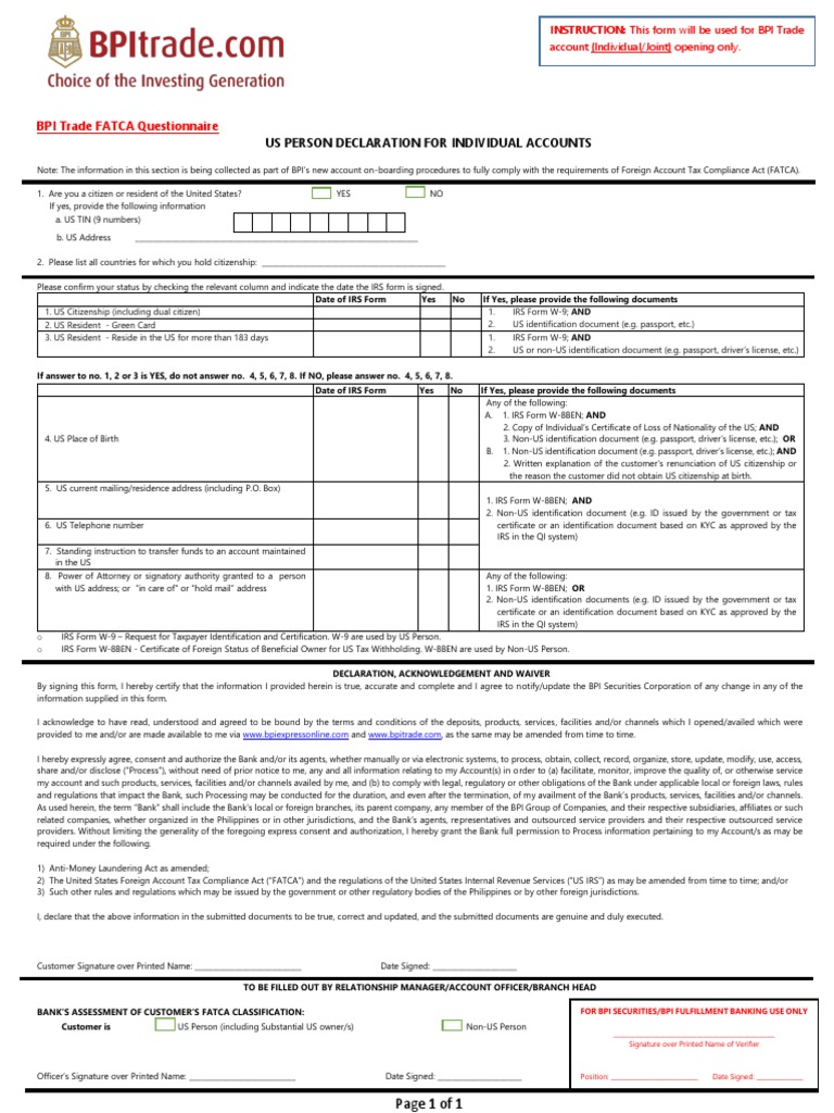FATCA Questionnaire | Identity Document | Internal Revenue Service