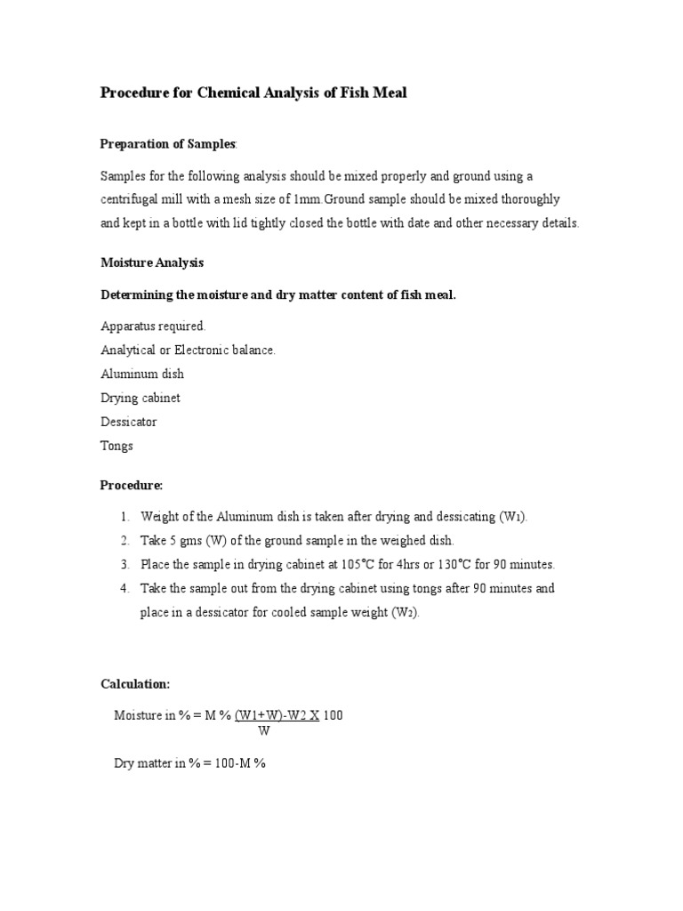 Fish Meal Chemical Analysis Procedures | PDF | Titration | Chemistry