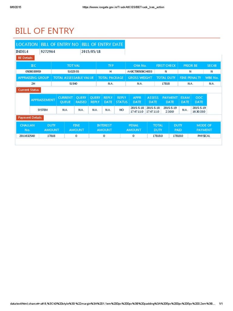 Bill of Entry Status and Payment Details | PDF | Law