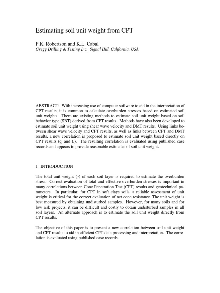 Estimating Soil Unit Weight From CPT | PDF | Deposition (Geology) | Soil