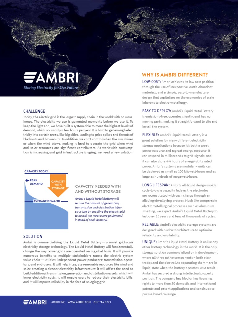 2013-Ambri Liquid Metal Battery Brochure | PDF | Battery (Electricity ...