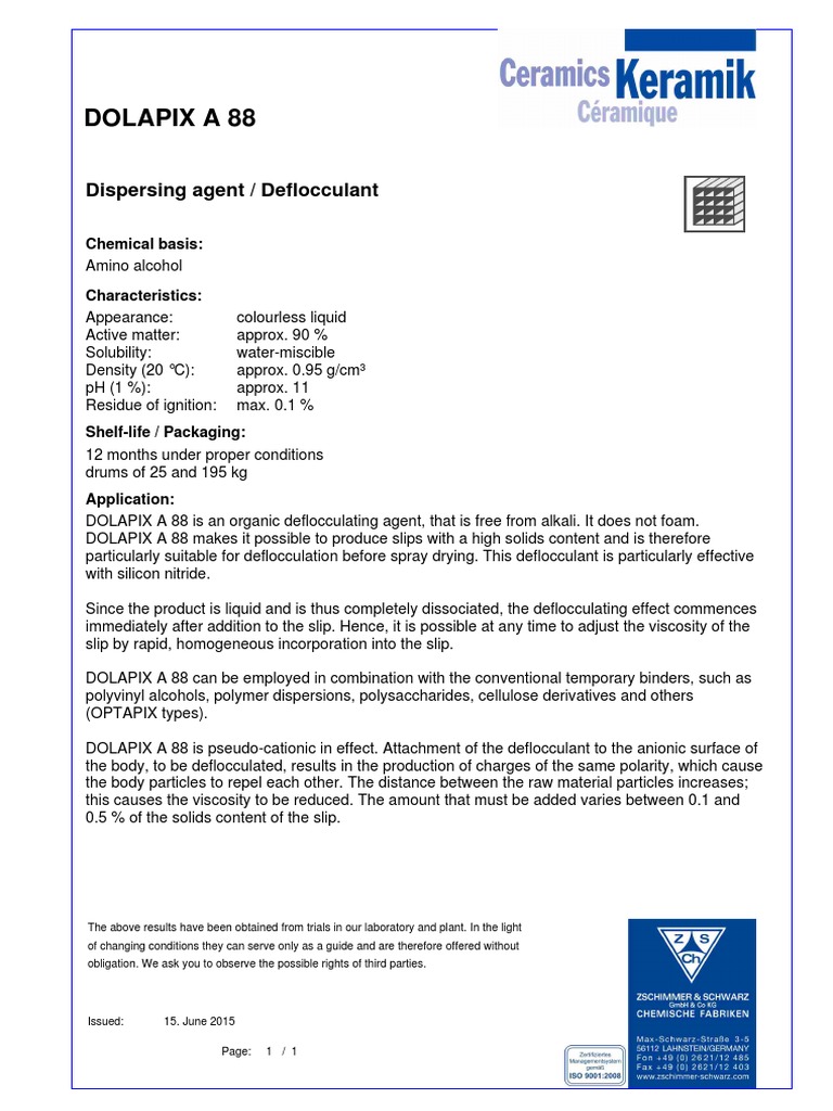 Dolapix A 88: Dispersing Agent / Deflocculant | PDF