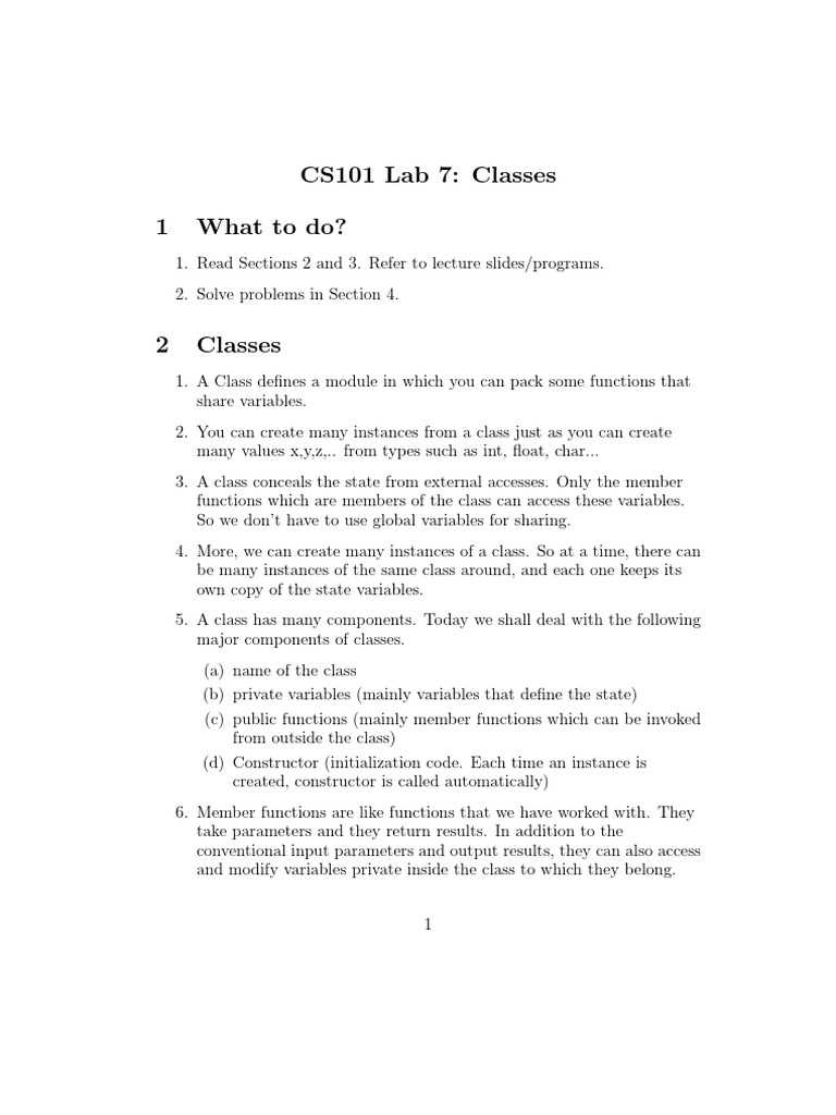CS101 Lab 7: Classes 1 What To Do? | PDF | Subroutine | Parameter (Computer Programming)