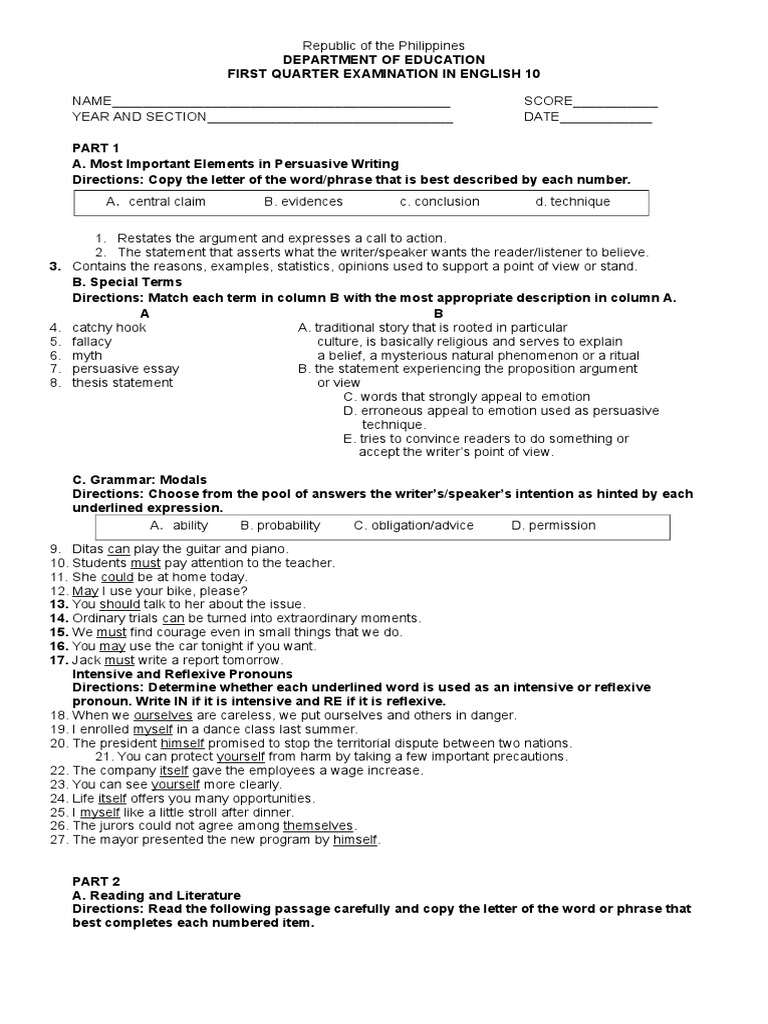 First Quarter Exam in English 10 | PDF | Argument | Truth