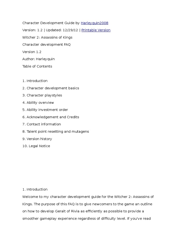Character Development Guide Witcher 2 | PDF | Swordsmanship | Leisure